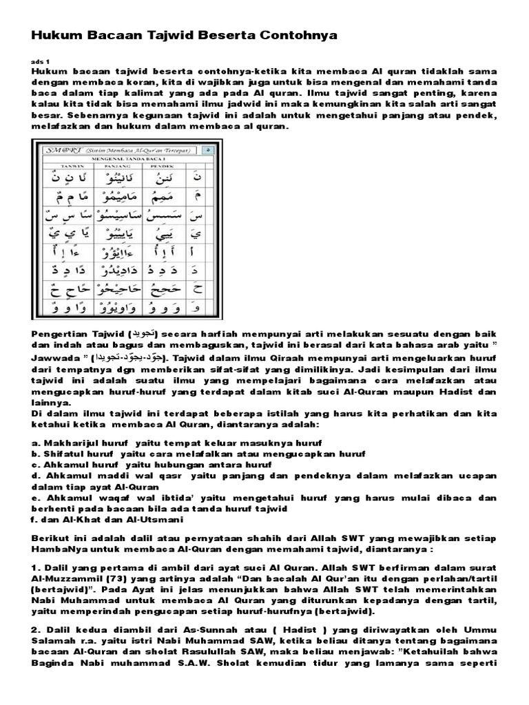 Hukum Bacaan Tajwid Beserta Contohnya | PDF