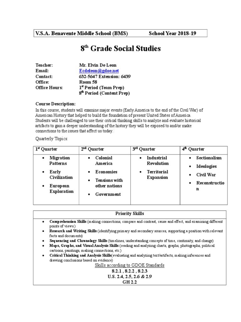 8th Grade Social Studies Syllabus | PDF | Homework | Students