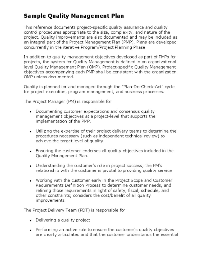 Sample Quality Management Plan | PDF | Quality Management | Quality Assurance
