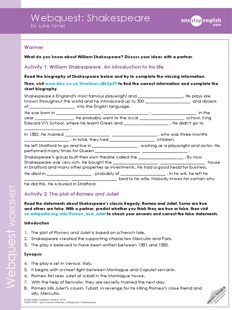 Shakespeare Webquest Worksheet | PDF | Romeo And Juliet | Characters In ...