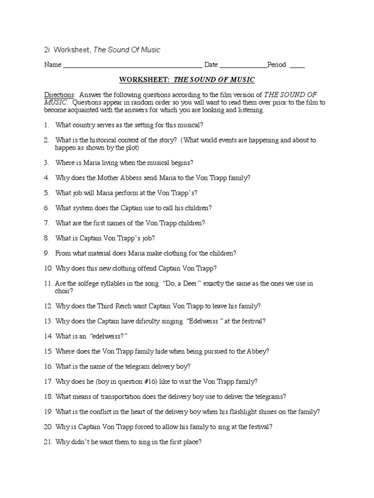 Sound of Music Worksheet Questions | PDF | Classics
