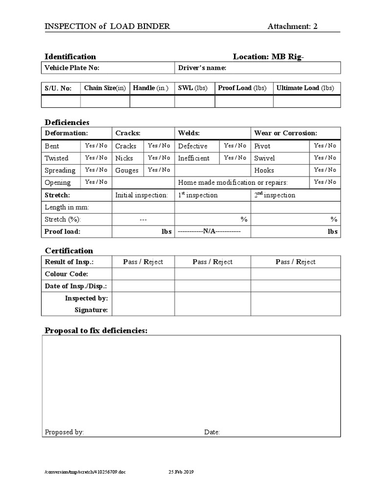 Identification Location: MB Rig-: Inspection of Load Binder Attachment ...