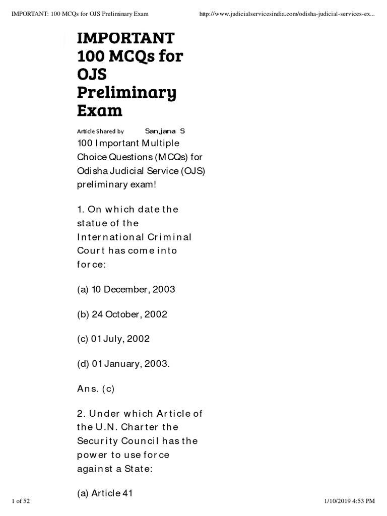 OJS Preliminary Exam: 100 MCQs Guide | PDF | Magistrate | Vitamin D