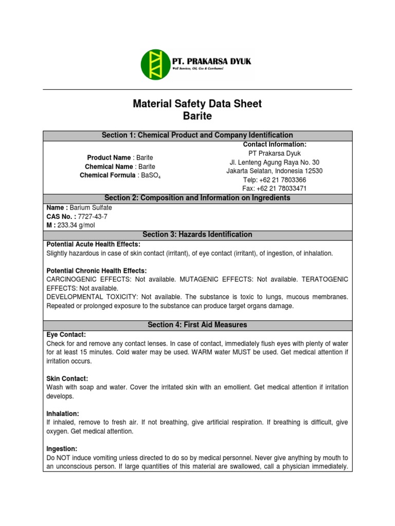 Material Safety Data Sheet - Barite | PDF | Toxicity | Biodegradation