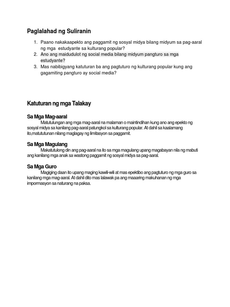 Katuturan NG Mga Talakay at Paglalahad NG Suliranin JOYCE | PDF