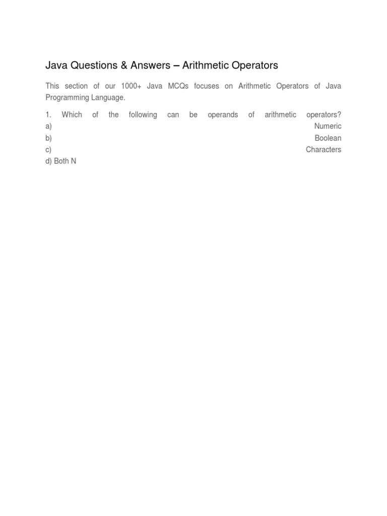 Java Questions & Answers - Arithmetic Operators | PDF Java Questions & Answers - Arithmetic Operators | PDF