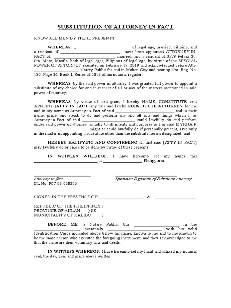 Attorney in Fact Substitution | PDF | Power Of Attorney | Notary Public