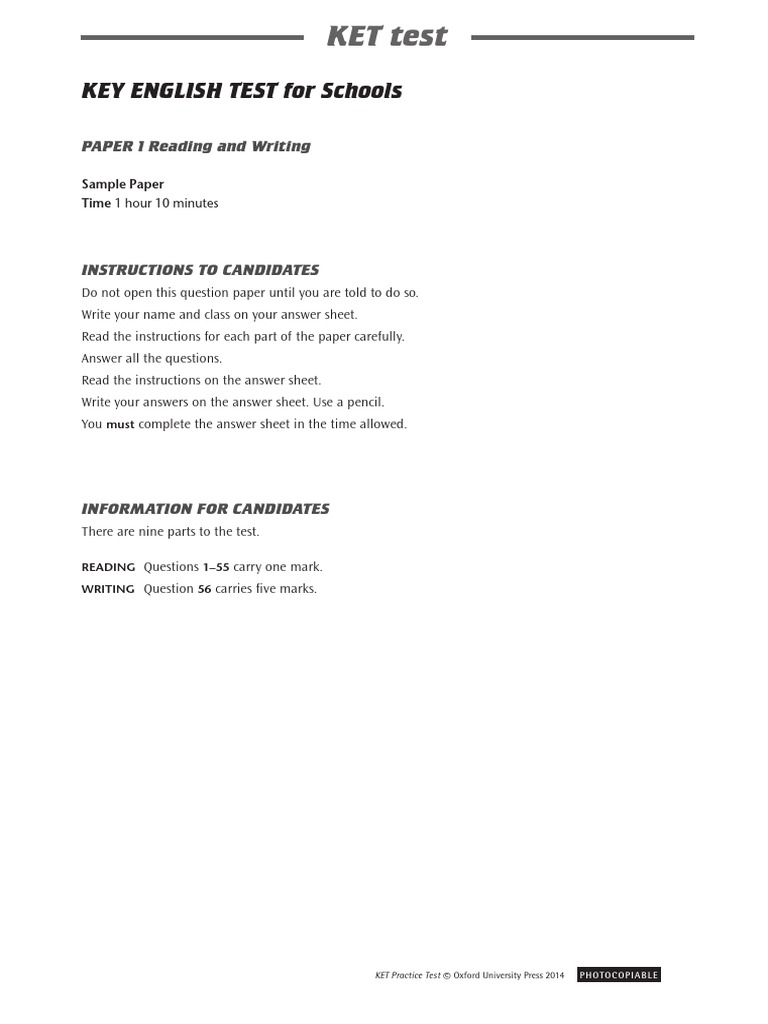 KET Test: Key English Test For Schools | PDF | Question | Leisure