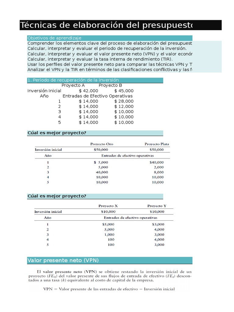 Técnicas de Elaboración Del Presupuesto de Capital | PDF | Valor presente neto | Tasa interna de ...