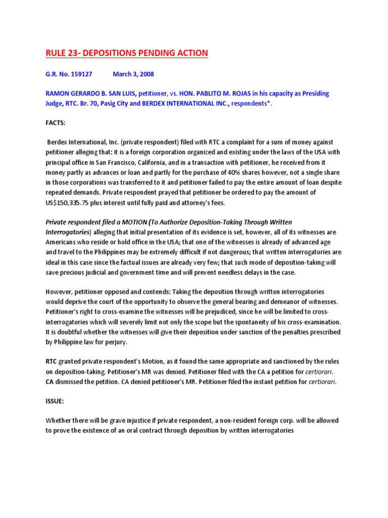 Modes of Discovery Case Digests (Complete) | PDF | Deposition (Law ...