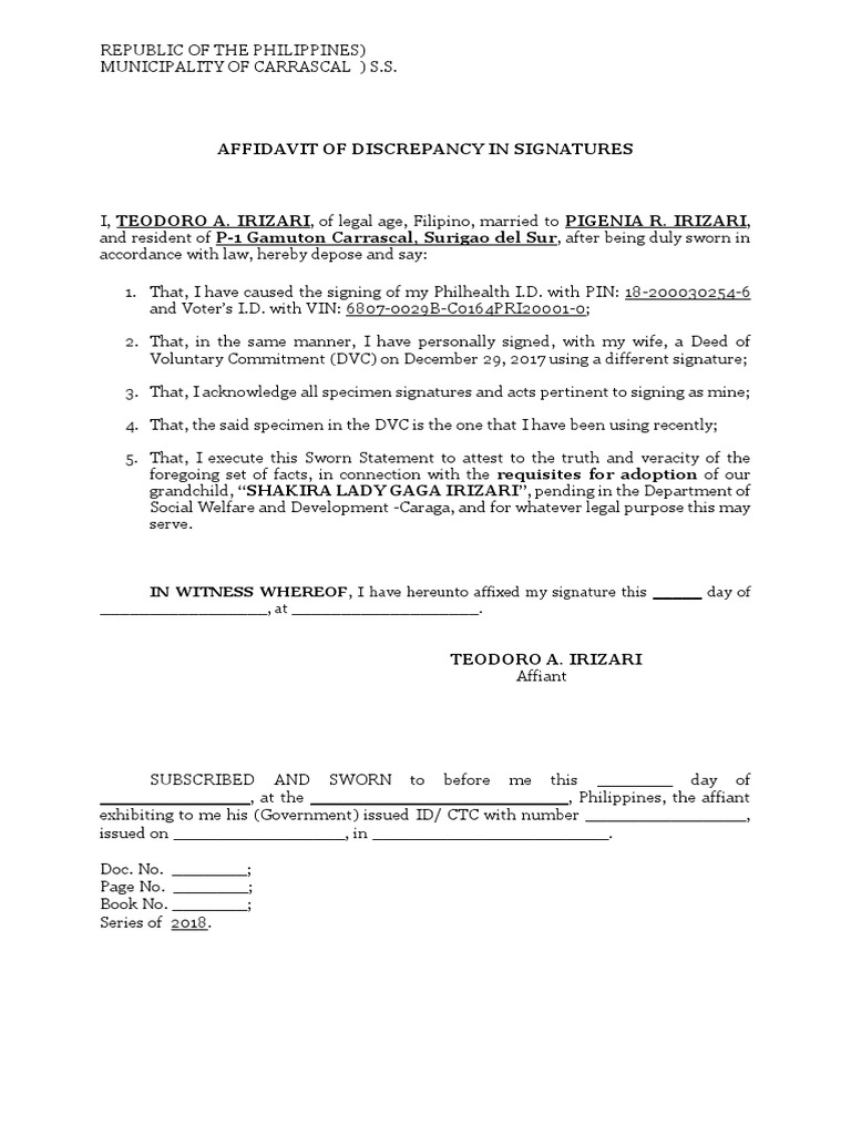 Affidavit of Discrepancy in Signatures - Irizari | PDF