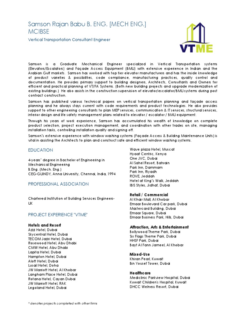 Elevator Escalator BMU Consultant Engineer Samson Babu | PDF | Dubai ...