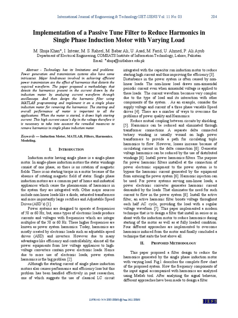 Implementation of A Passive Tune Filter To Reduce Harmonics in Single Phase Induction Motor With ...