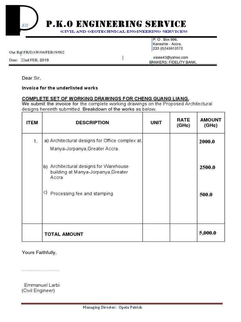 P.K.O Engineering Service: Invoice For The Underlisted Works Complete ...