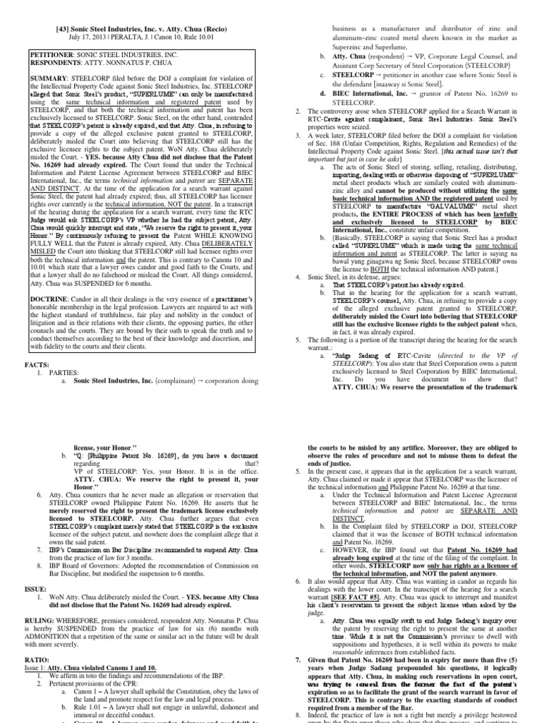 Sonic Steel Industries v. Atty. Chua | PDF | Lawyer | Patent