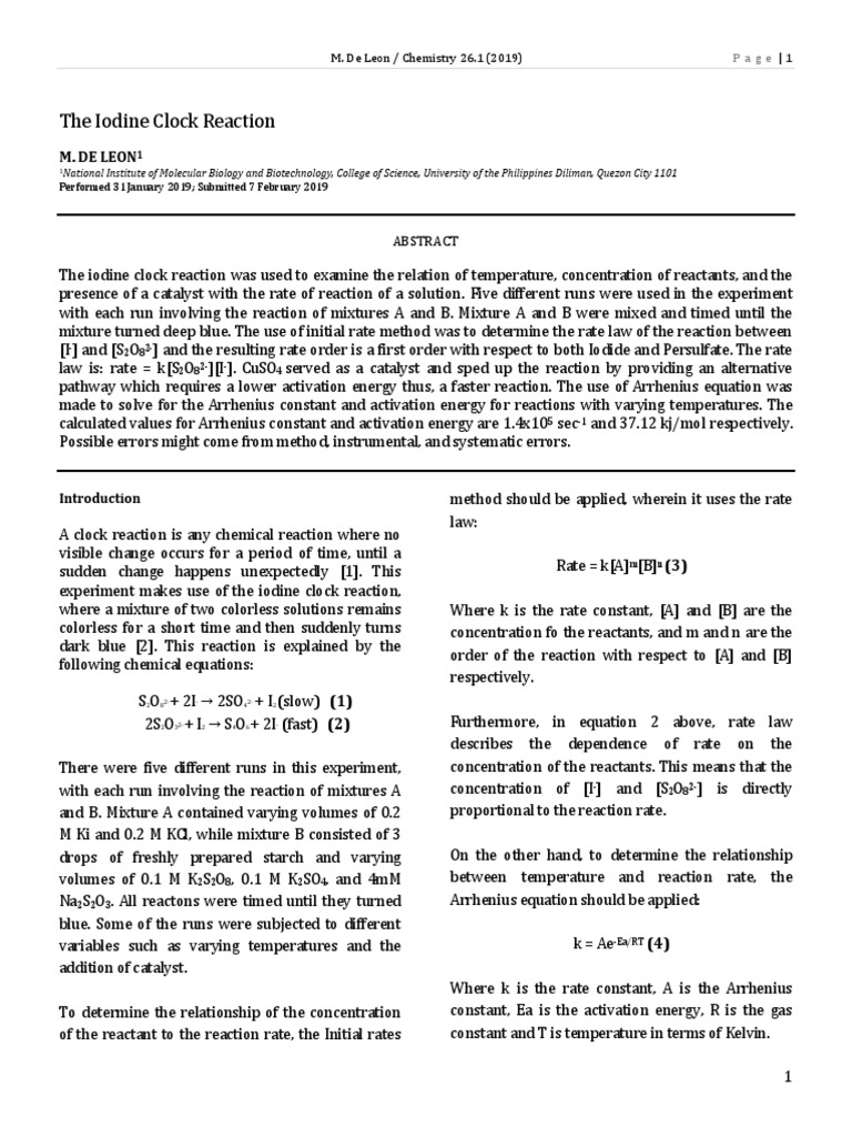 Analysis of Factors Affecting the Rate of the Iodine Clock Reaction ...