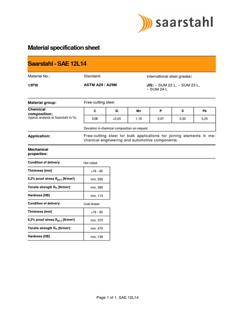 Material Specification Sheet Saarstahl - SAE 12L14: Material No ...