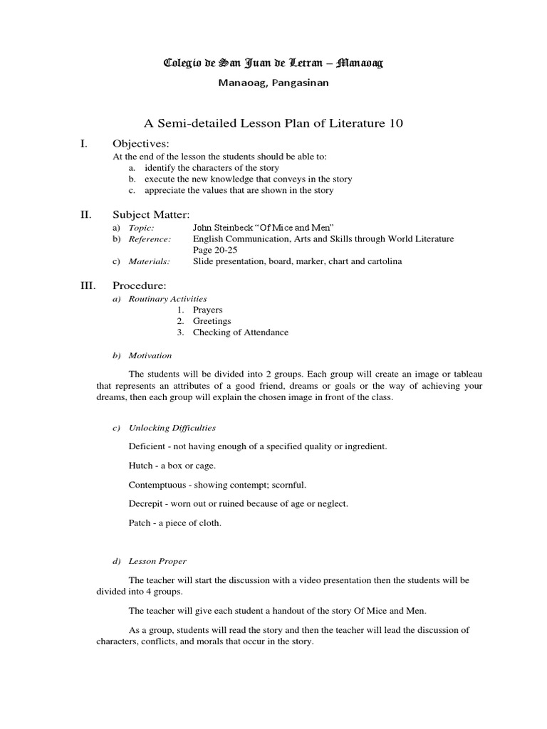 Lesson Plan for "Of Mice and Men" | PDF | Lesson Plan | Teaching