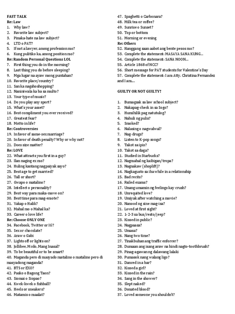 Fast Talk and Guilty or Not Guilty Questions | PDF