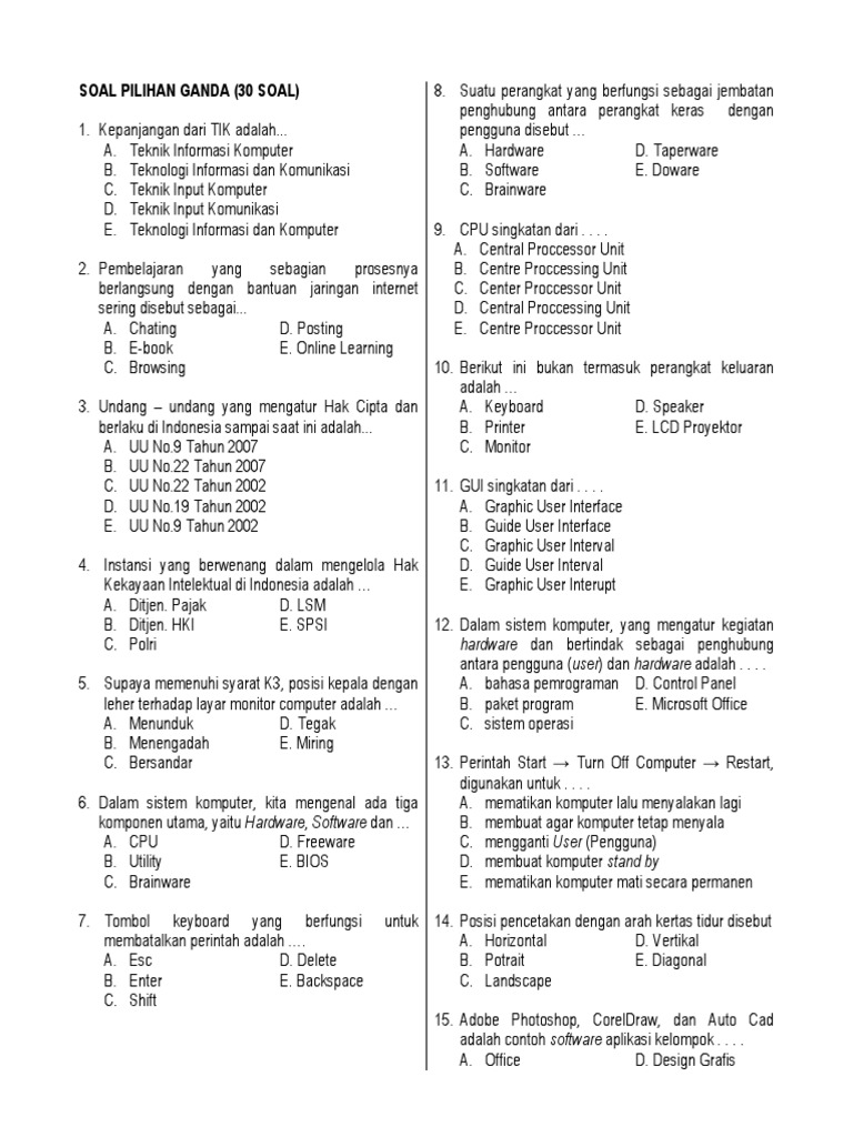 Soal Pilihan Ganda (30 Soal) : Hardware Dan Bertindak Sebagai Penghubung | PDF