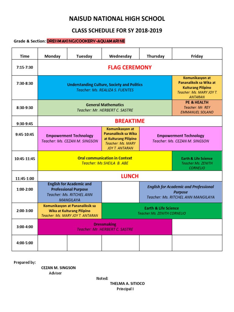 Naisud National High School: Class Schedule For Sy 2018-2019 | PDF ...