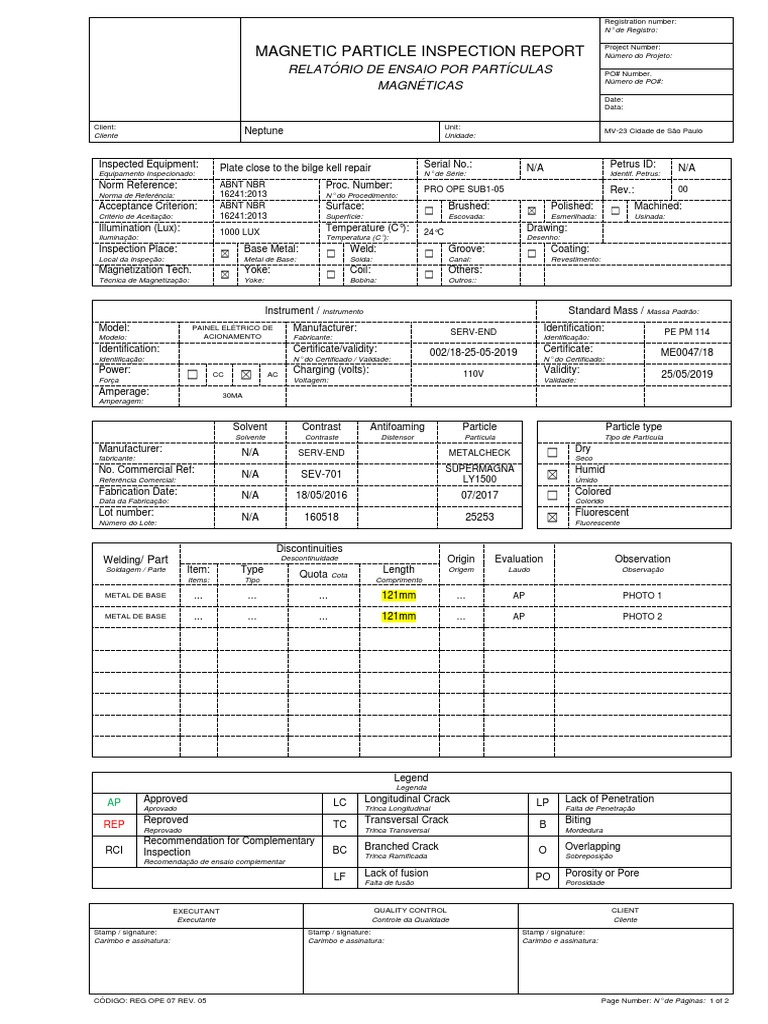 Magnetic Particle Inspection Report: Relatório De Ensaio Por Partículas ...