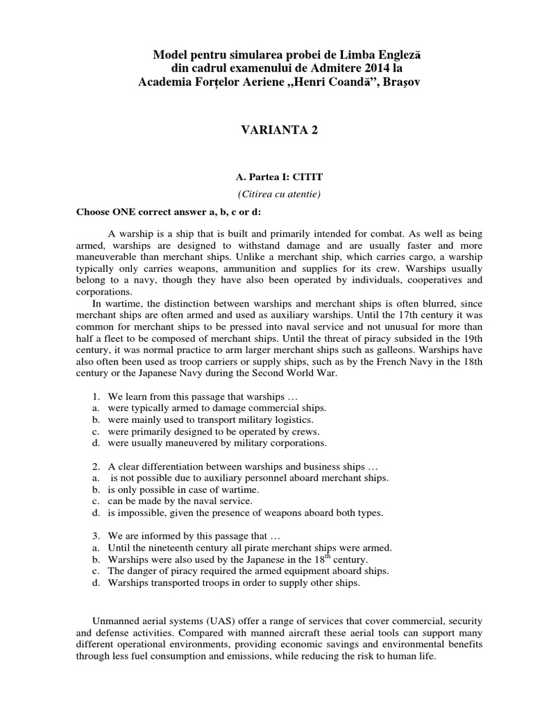 English Exam Simulation Model 2014 | PDF | Warships | Navies