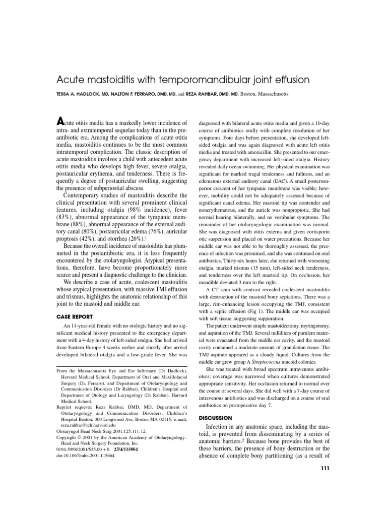 Acute Mastoiditis With Temporomandibular Joint Effusion | PDF | Diseases And Disorders | Human ...