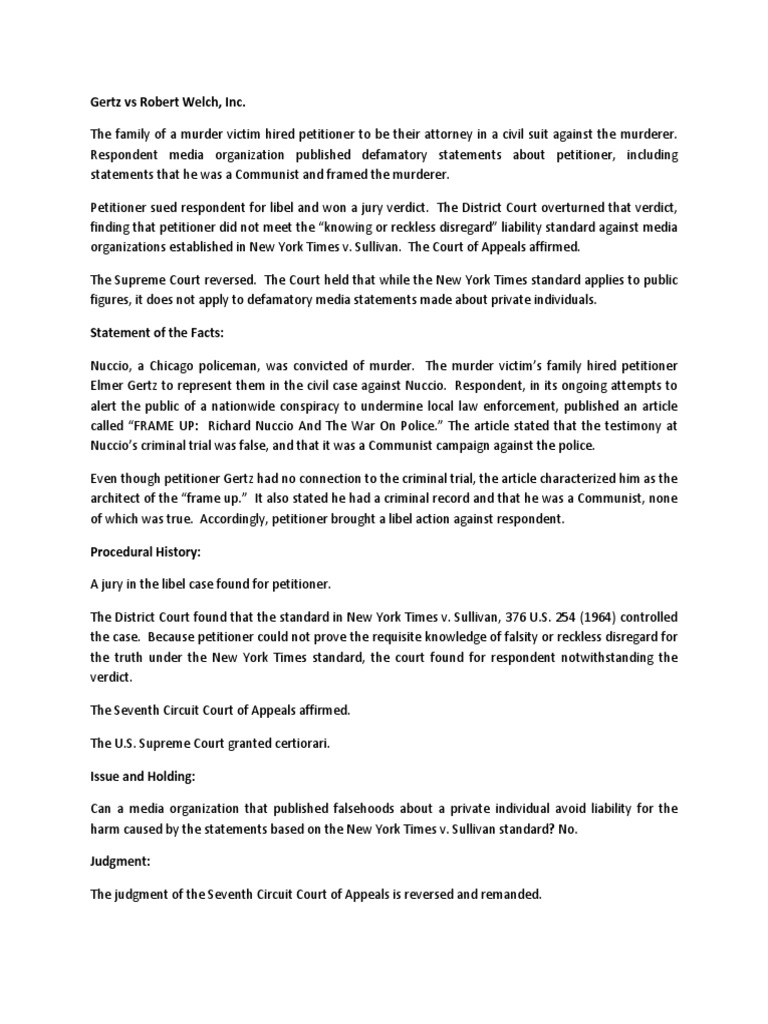Gertz Vs Robert Welch, Inc. | PDF | New York Times Co. V. Sullivan ...