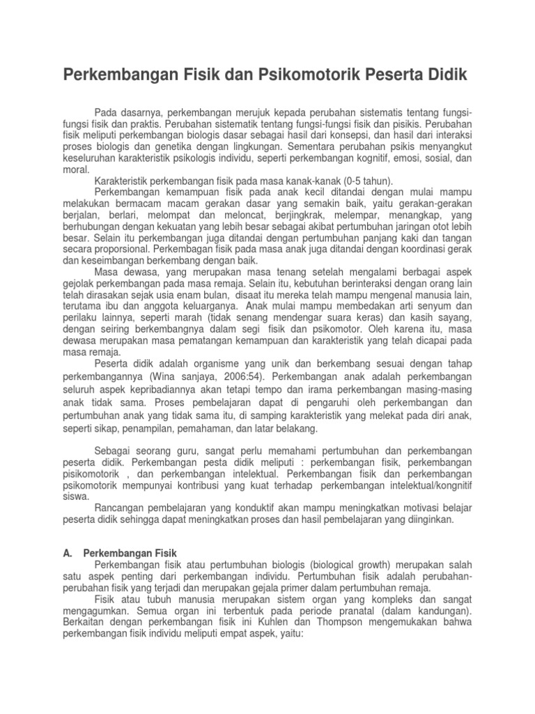 Perkembangan Fisik Dan Psikomotorik Peserta Didik | PDF