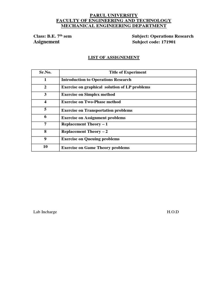 Asignement: Lab Incharge H.O.D | PDF | Linear Programming ...