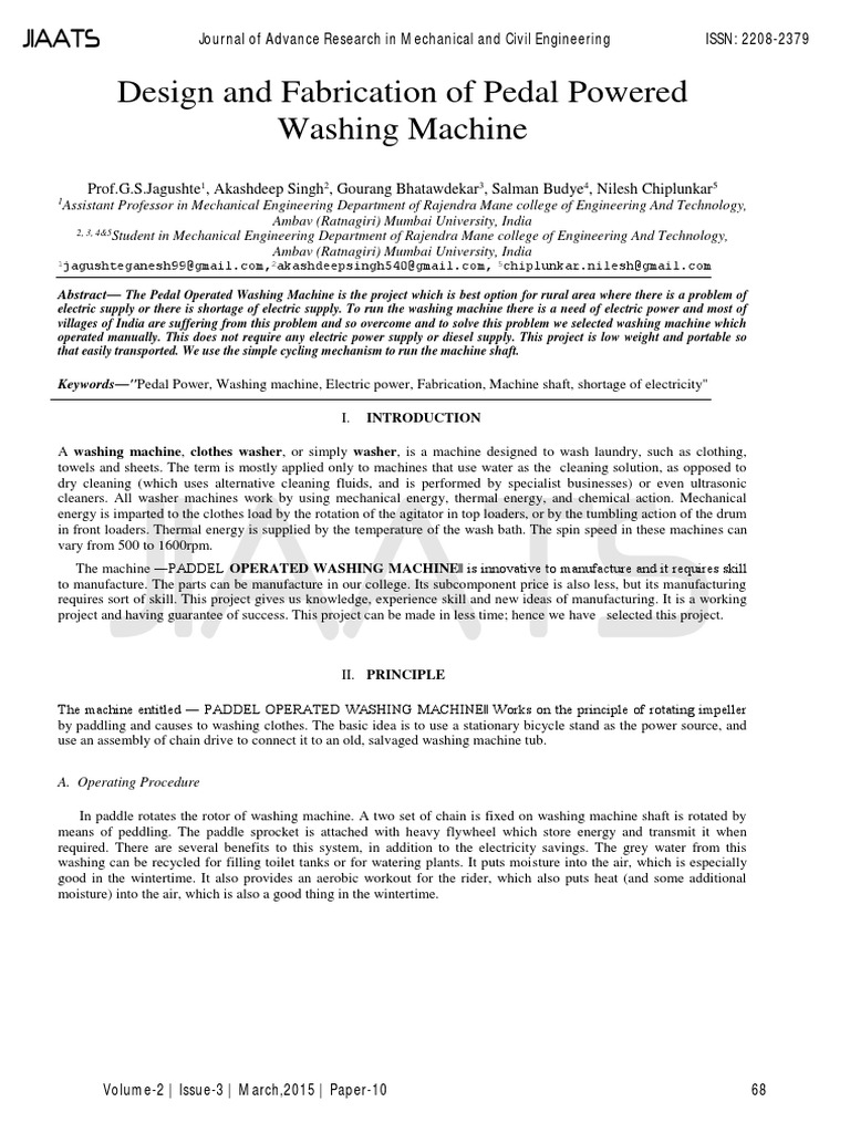 Design and Fabrication of Pedal Powered Washing Machine | PDF | Washing ...
