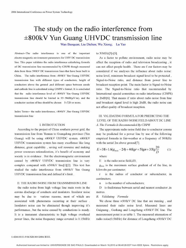 The Study On The Radio Interference From 800kV Yun Guang UHVDC ...