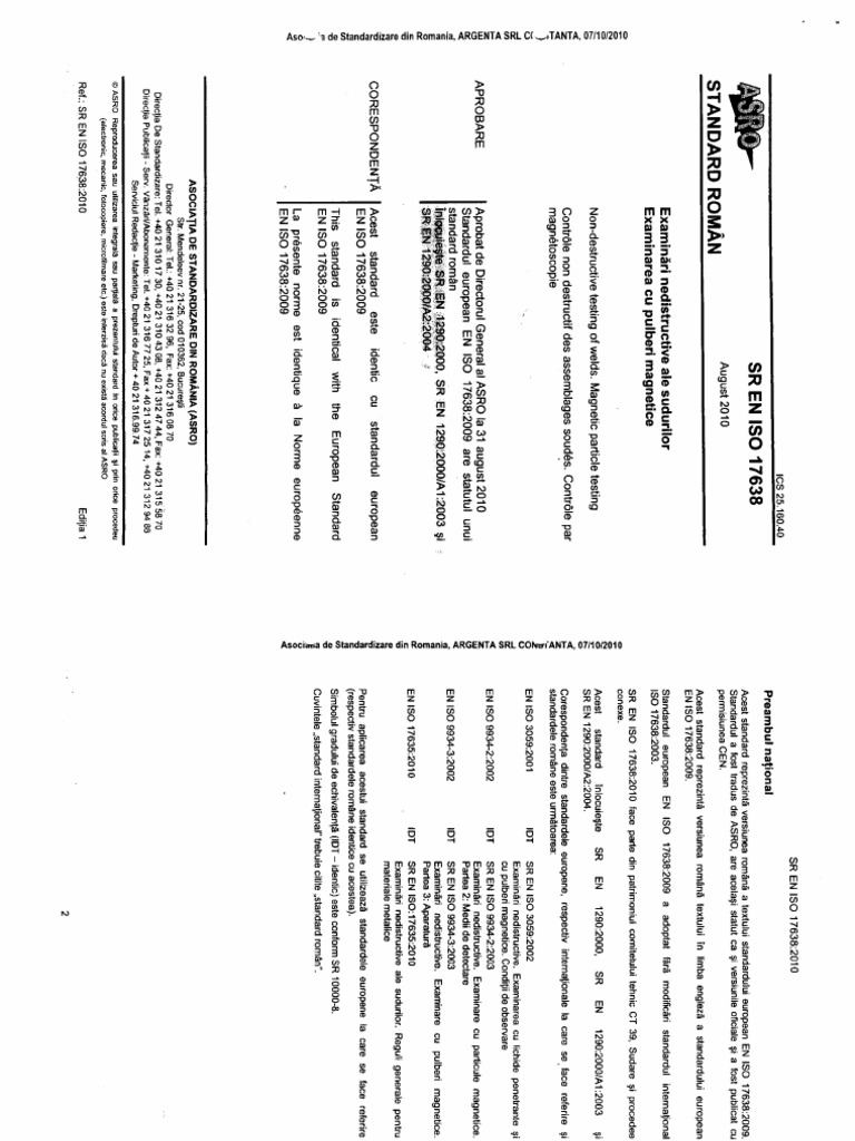 SR en Iso 17638 - Examinarea Cu MT A Sudurilor - Inloc 1290 PDF | PDF