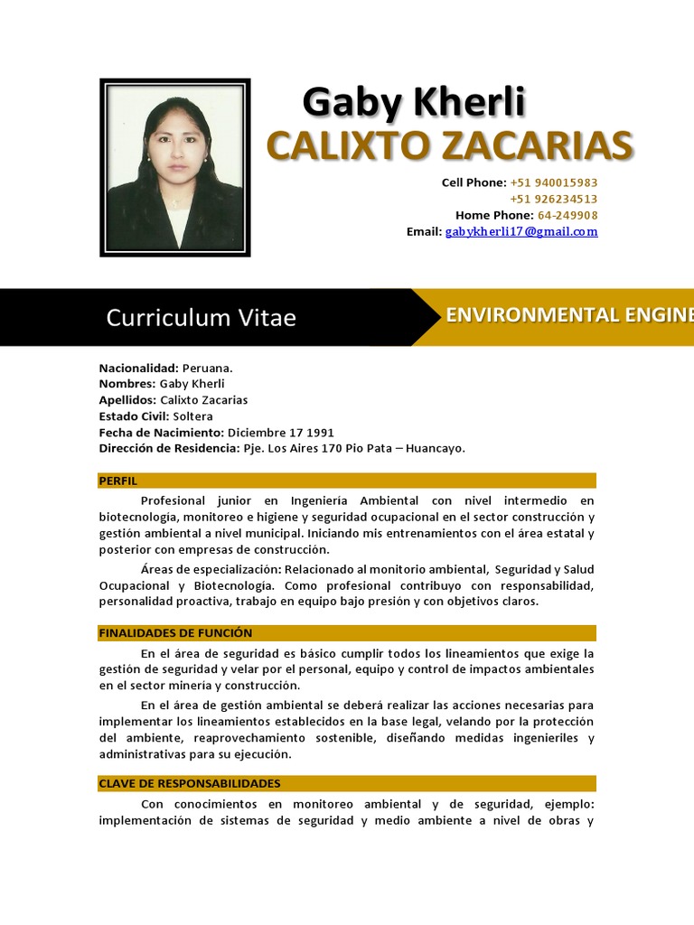 CV Calixto Zacarias Gaby Kherli | PDF | Perú | Naturaleza