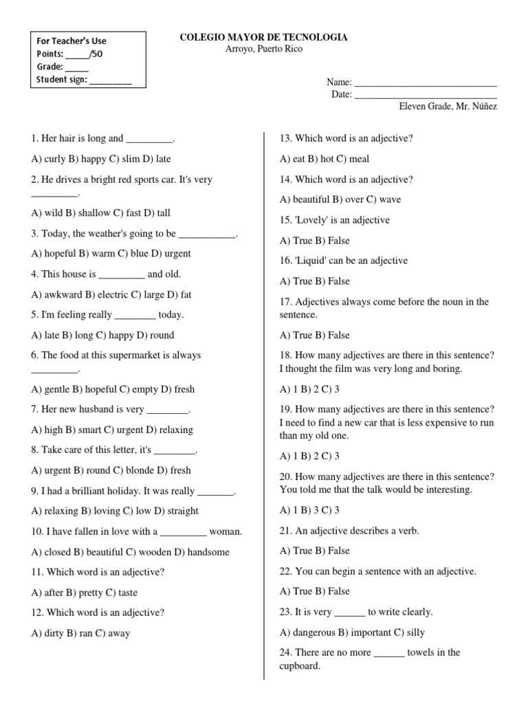 Adjective Test | PDF