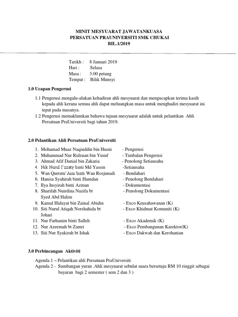 Minit Mesyuarat Jawatankuasa Ppu 2019 | PDF