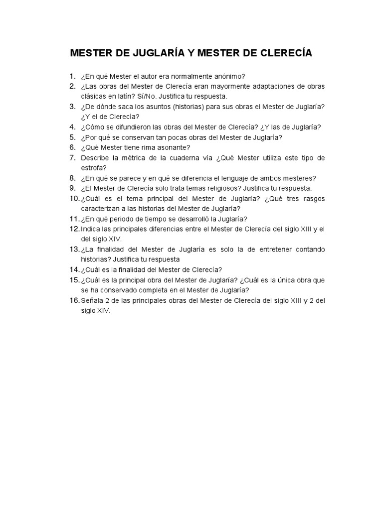 Comparativa entre Mester de Juglaría y Clerecía | PDF | Estudios de ...