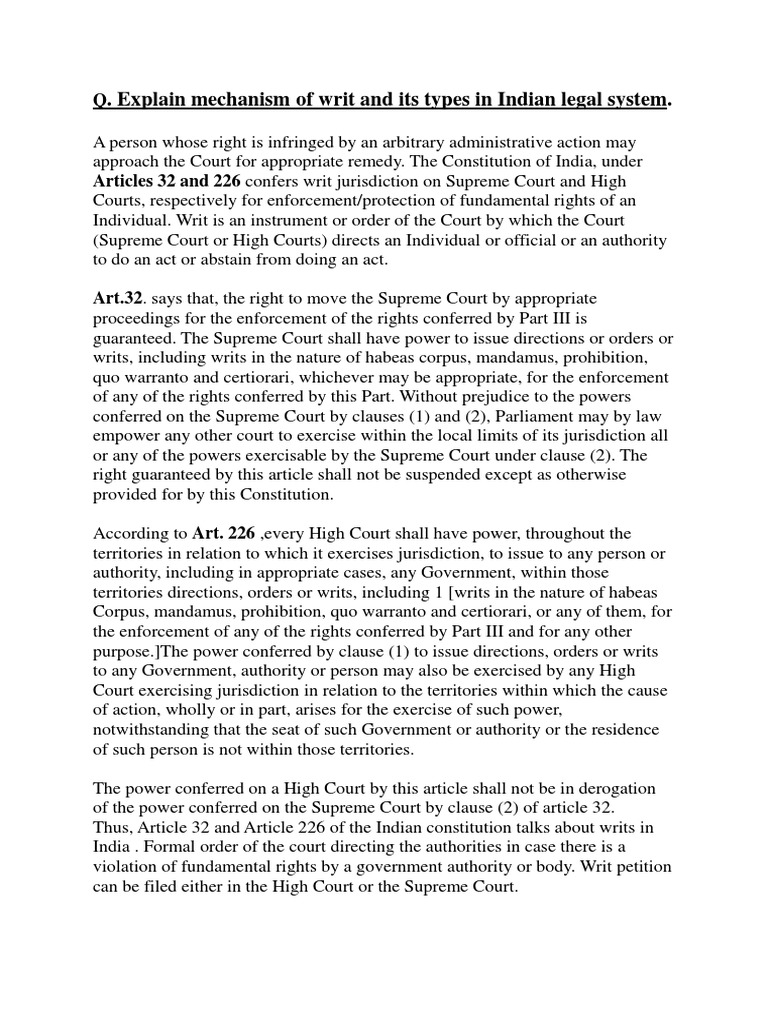 Explain Mechanism of Writ and Its Types in Indian Legal System | PDF ...