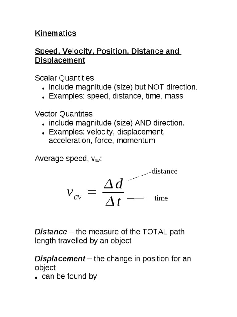 Kinematics Speed, Velocity, Position, Distance and Displacement | PDF ...