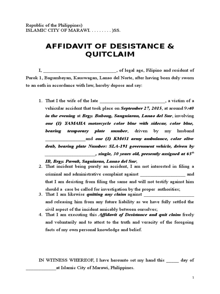 Sample Affidavit of Desistance and Quitclaim | PDF | Affidavit | Civil ...