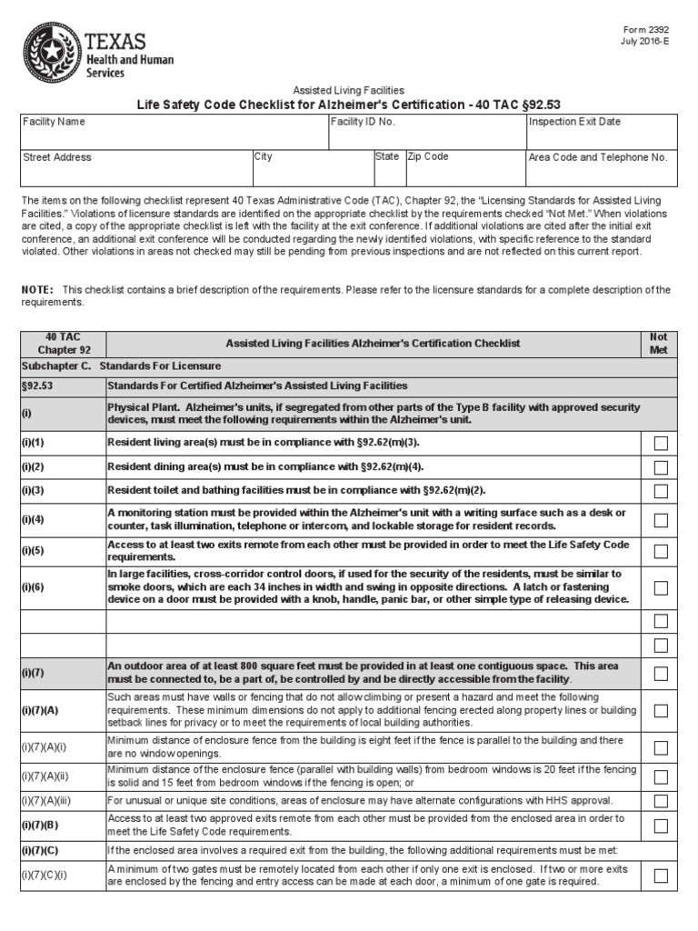 Form 2392_Life Safety Code Checklist for Alzheimer's Certification - 40 ...