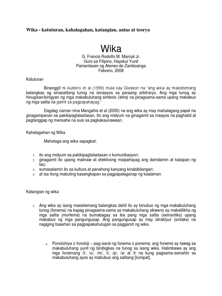 Wika - Katuturan Kahalagahan Katangian Antas at Teorya | PDF