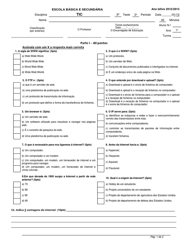 3º Teste de TIC | PDF | Rede mundial de computadores | Internet e Web