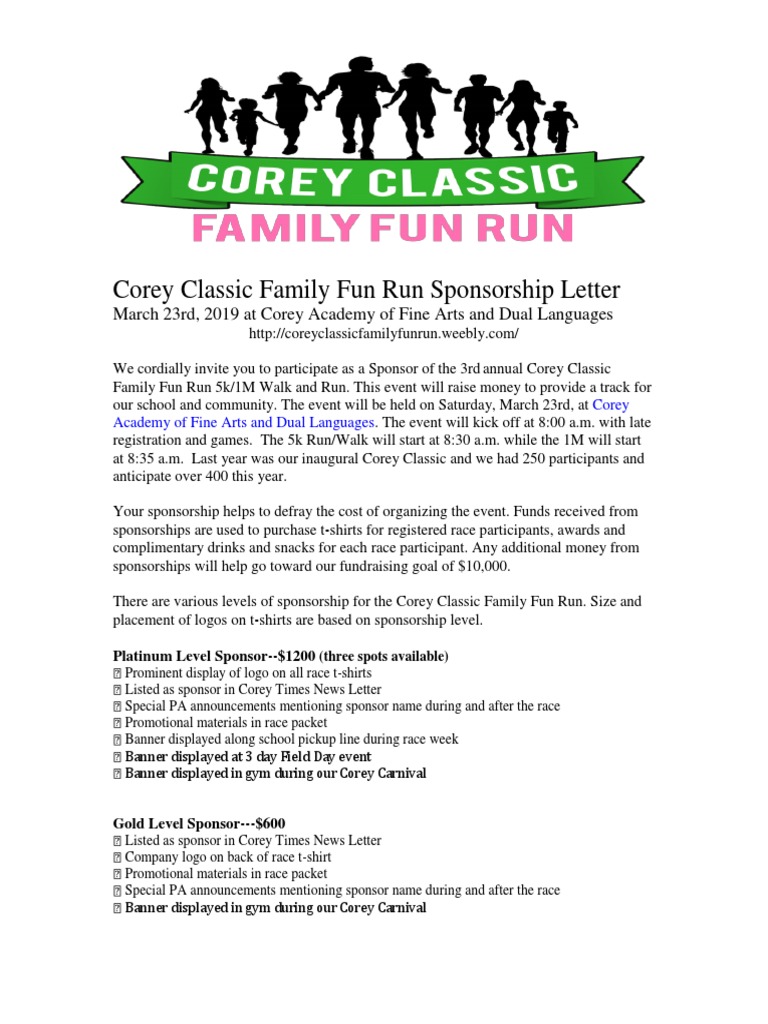 Corey Classic Family Fun Run Sponsorship Letter K | PDF