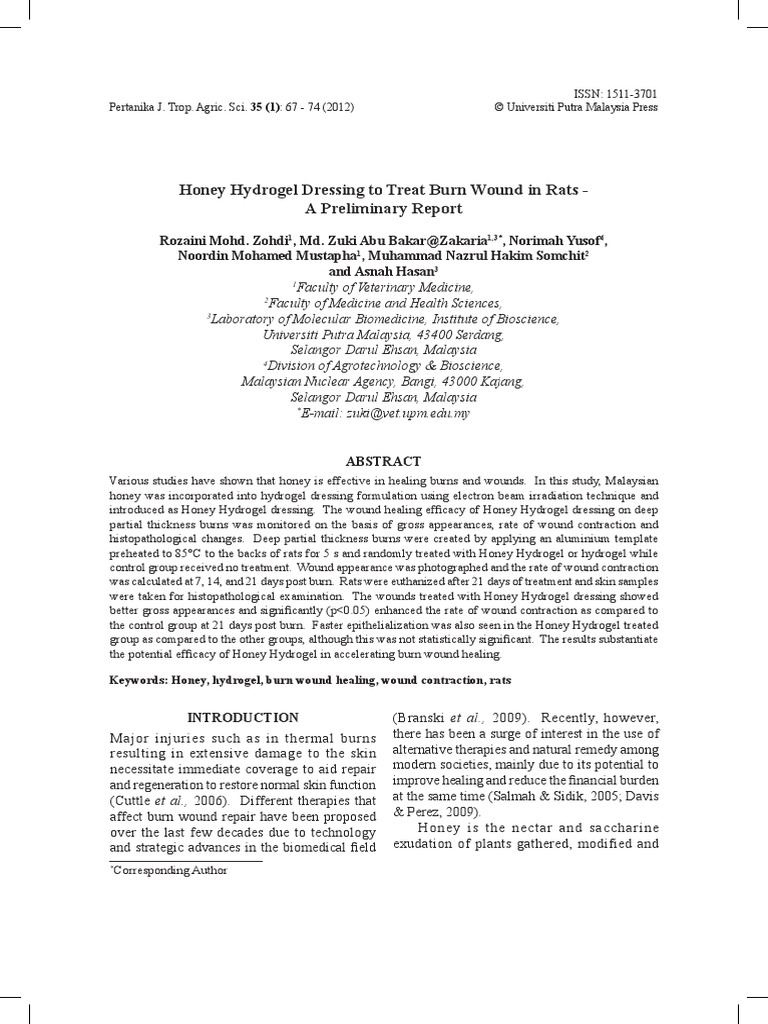 Honey Hydrogel Dressing To Treat Burn Wound in Rats - A Preliminary ...