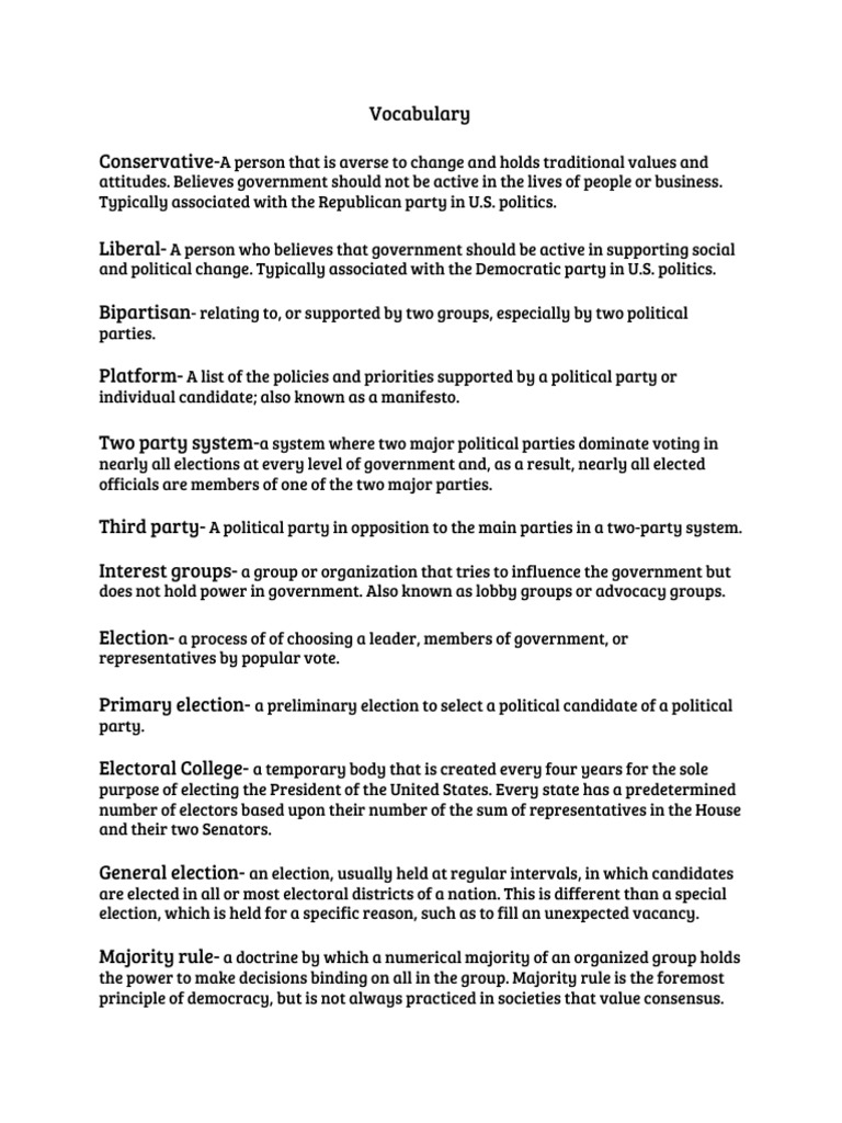 Vocabulary Sheet | PDF | Elections | Political Parties