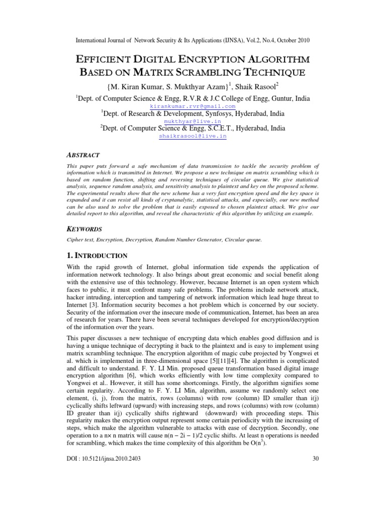 Efficient Digital Encryption Algorithm Based On Matrix Scrambling