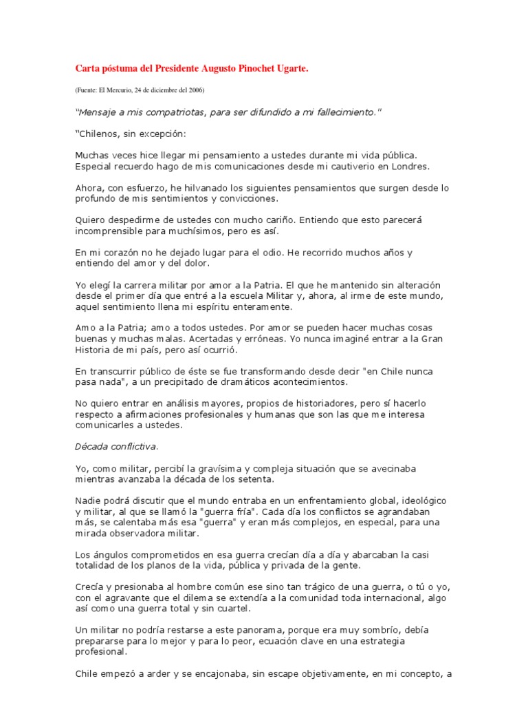 Carta póstuma de Augusto Pinochet | PDF | Política | Ciencias sociales