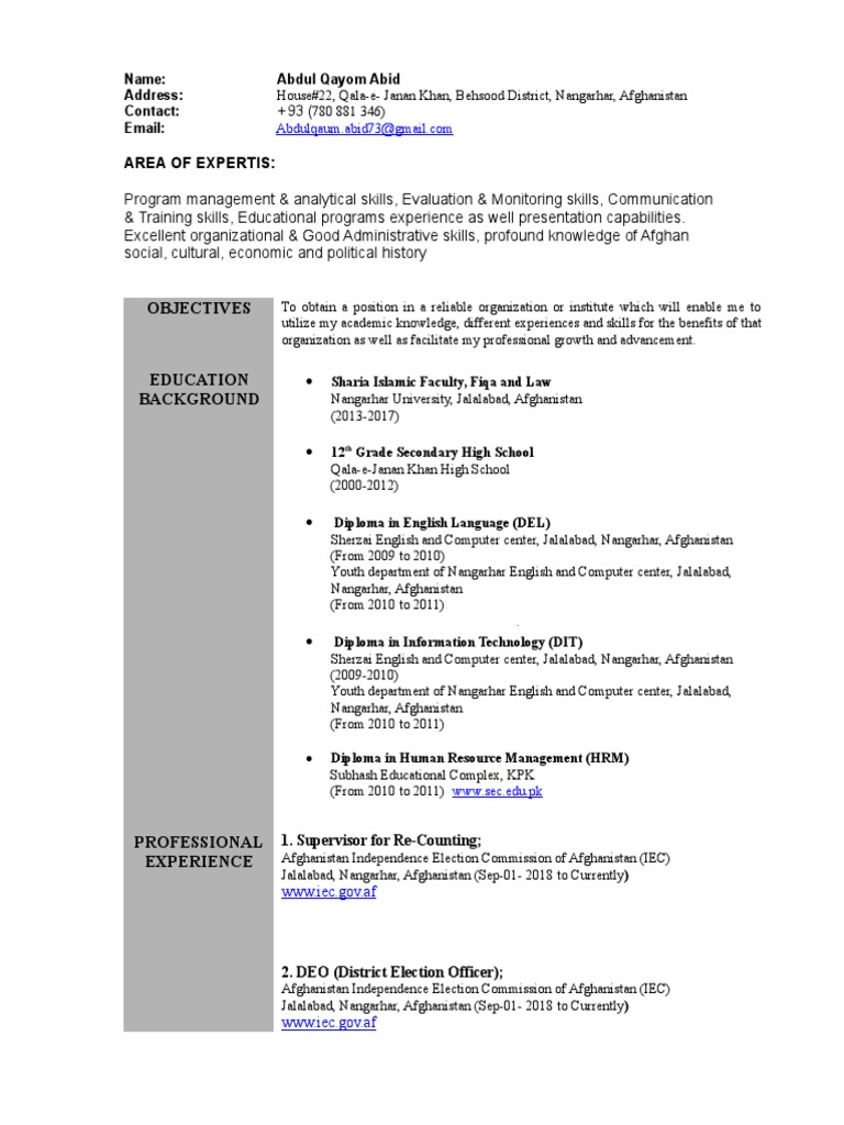 Abid CV 1 | PDF | Nangarhar Province | Afghanistan